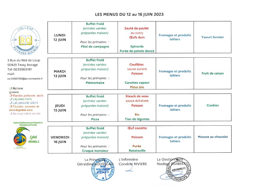 Menus du 12 au 16 juin - Collège Raymond Queneau