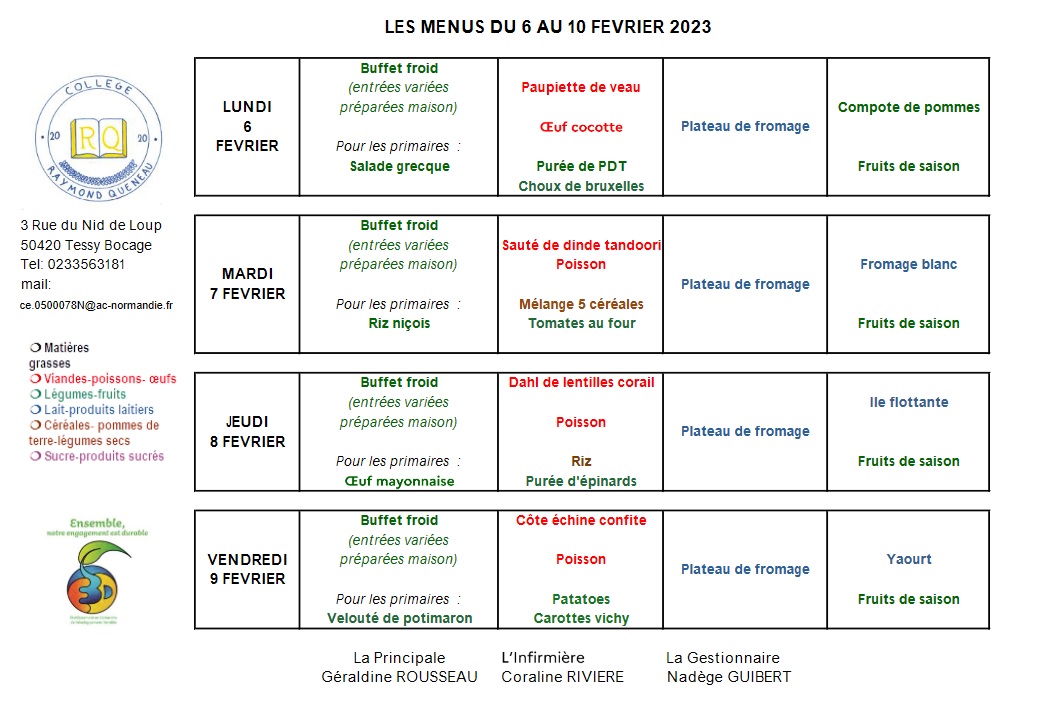 Menus du 6 au 10 février - Collège Raymond Queneau