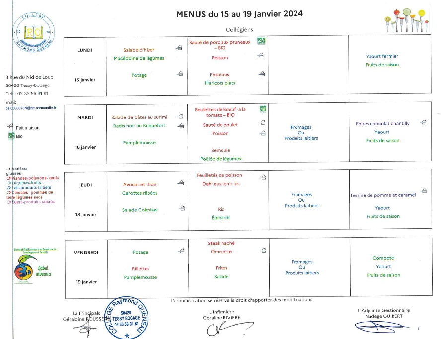 Menus du 15 au 19 janvier - Collège Raymond Queneau