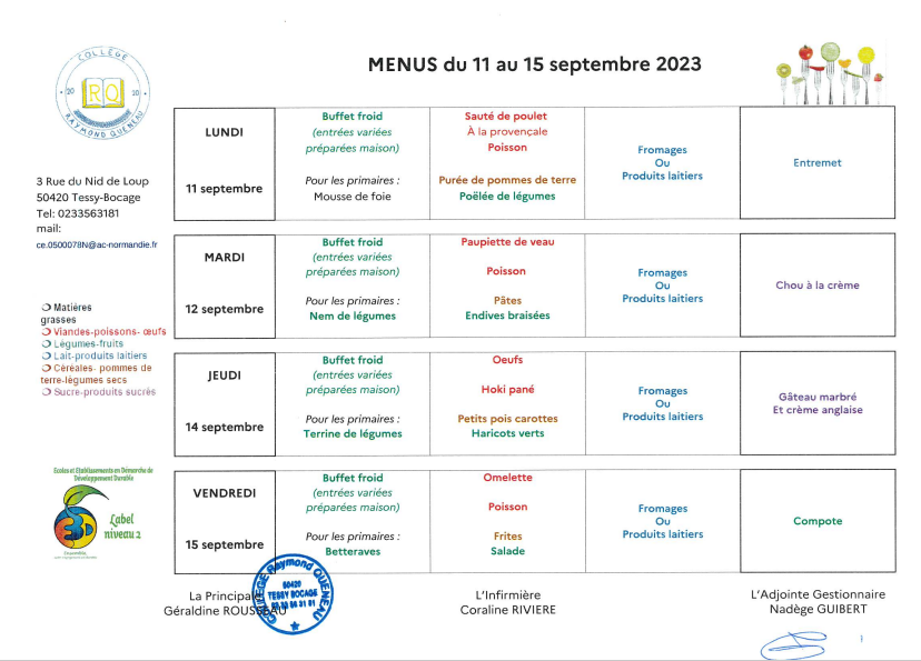 Menus du 11 au 15 septembre - Collège Raymond Queneau
