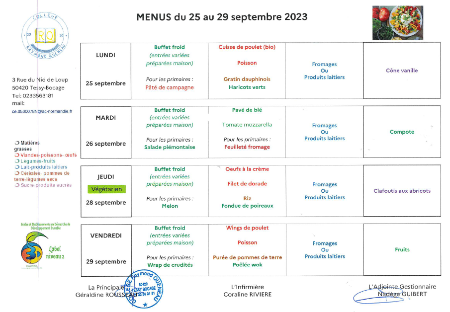 Menus du 25 au 29 septembre - Collège Raymond Queneau