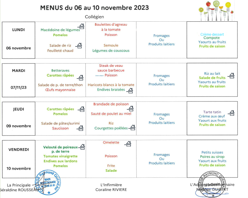Menus du 6 au 10 novembre - Collège Raymond Queneau