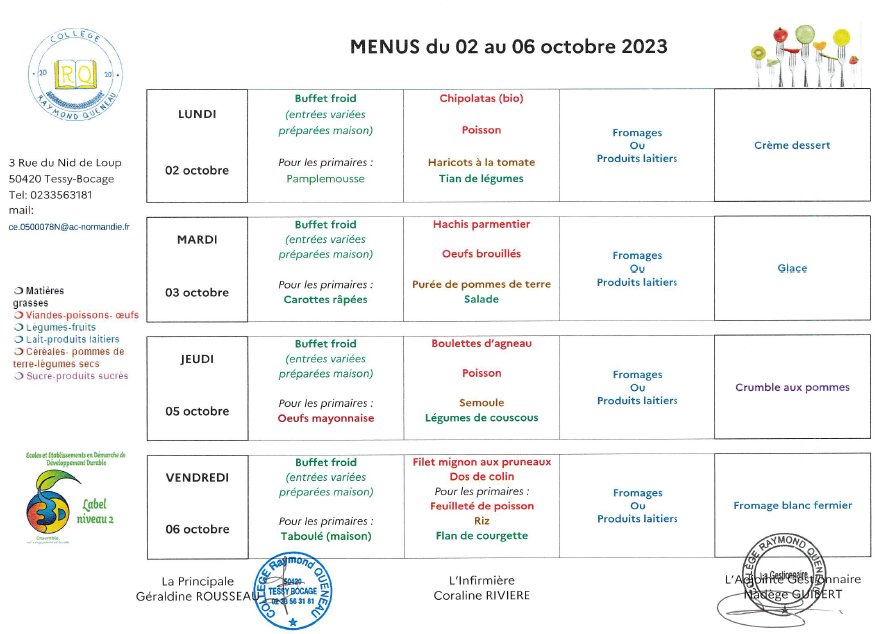 Menus du 2 au 6 octobre - Collège Raymond Queneau