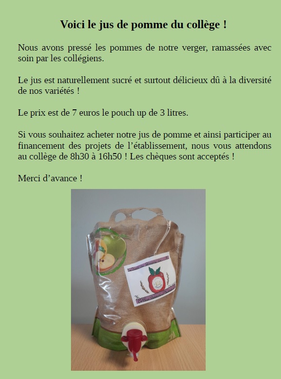 Vente jus de pomme maison ! - Collège Raymond Queneau